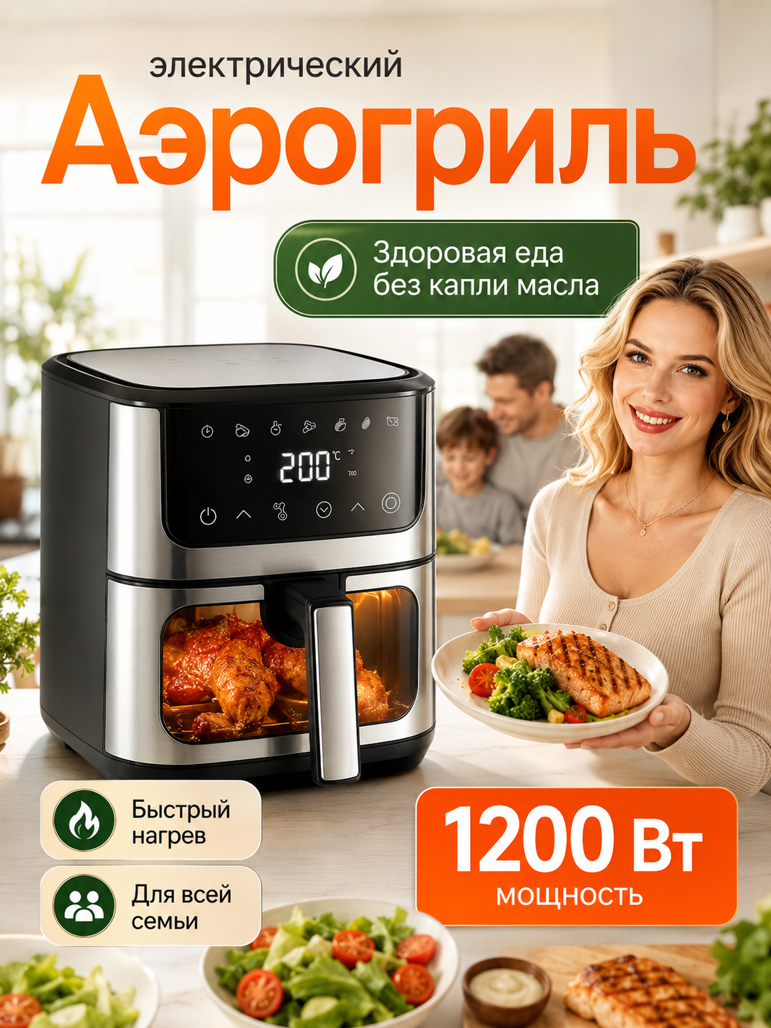 Домашний электрический аэрогриль 1200 Вт с таймером, быстрый разогрев, готовка без масла для всей семьи