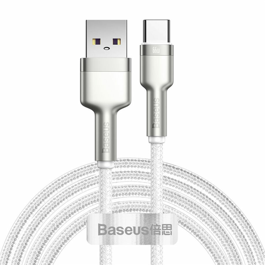 Кабель USB-A to USB-C BASEUS ser. Cafule Metal , max 5A, 66W, 480 Mbps, 2 м, нейлон, белый