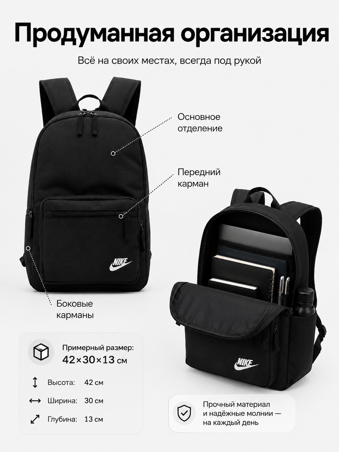 Городской рюкзак Nike, лёгкий и вместительный, для учёбы, работы и прогулок, чёрный — фото 1