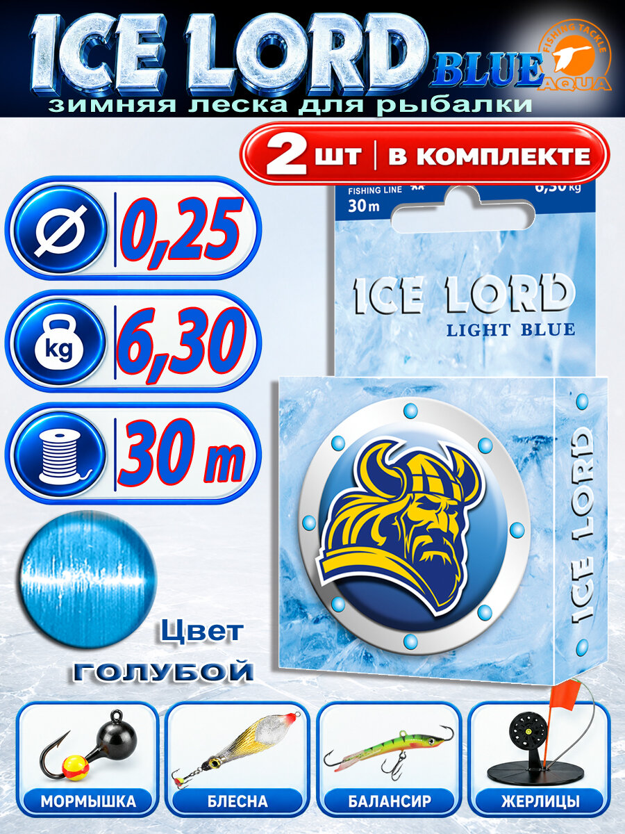 Леска для рыбалки зимняя AQUA Ice Lord Light Blue 0.25mm 30m цвет - светло-голубой 6.3kg 2шт