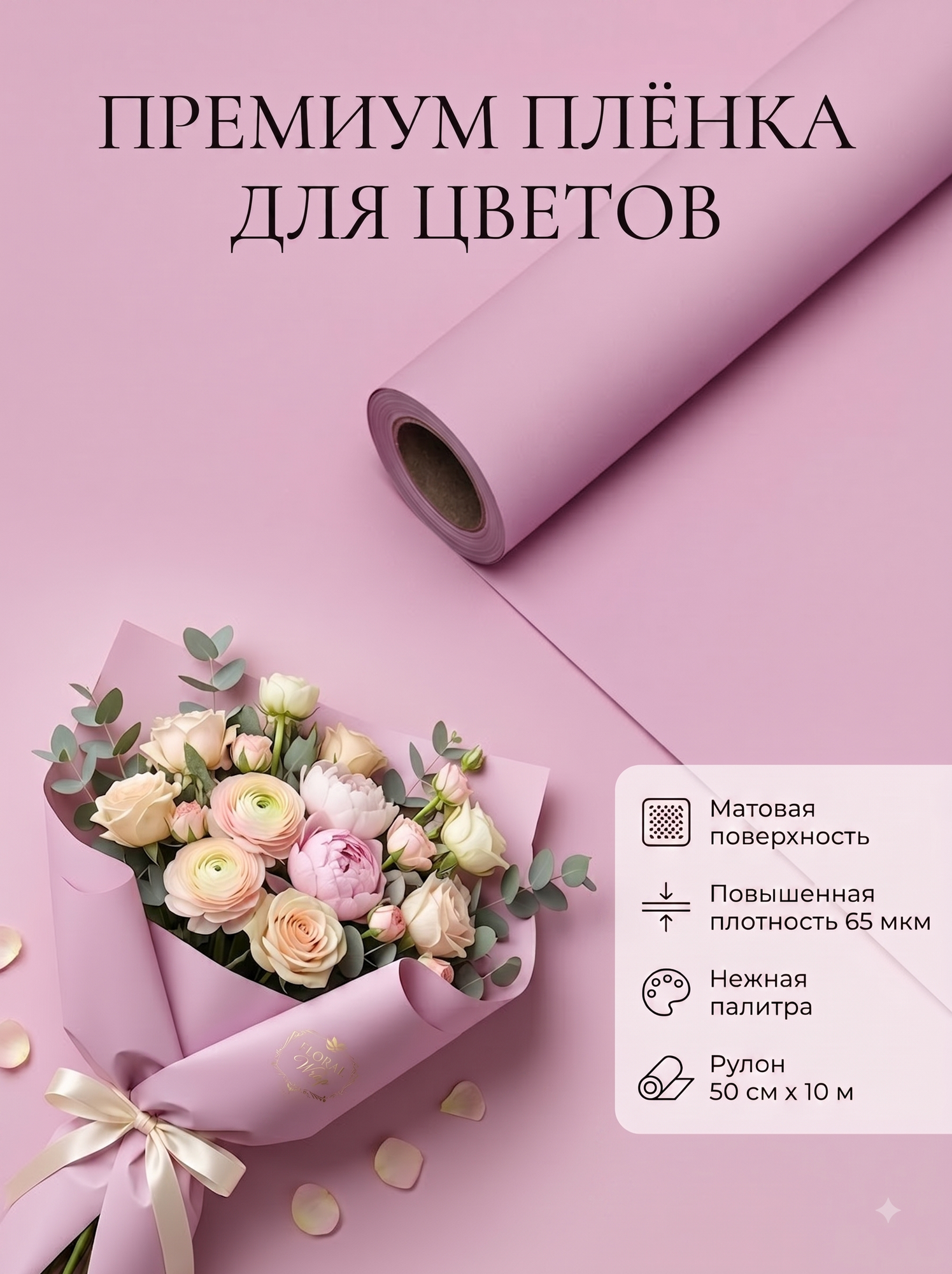 Пленка упаковочная для цветов тонированная, матовая, розовая орхидея, 0,5 х 10 м ±1 см, 65 мкм