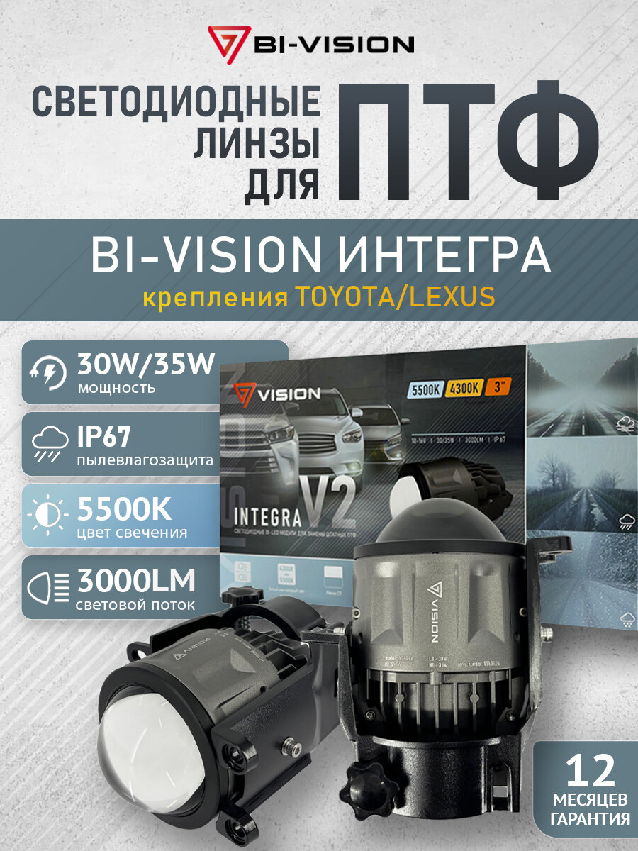 Противотуманные фары BI-VISION Integra 5500K (Toyota/Lexus), модули Bi-Led 3", 3000 лм, комплект