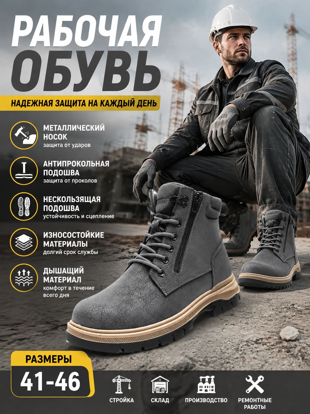 Ботинки рабочие мужские Dian sen с металлическим носком и антипрокольной подошвой, защитная обувь из искусственной кожи, легкие полуботинки для работы и строительства