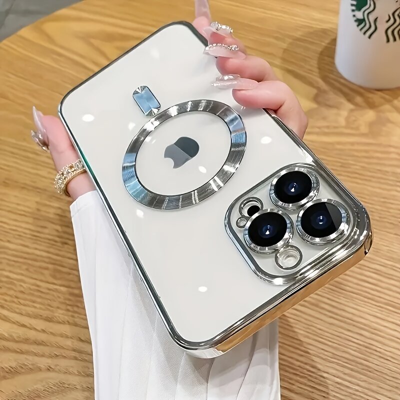 Защитный чехол для смартфона 16 Plus, магнитный прозрачный с покрытием, со стеклянной защитой объектива и крышкой для беспроводной зарядки, серебристый