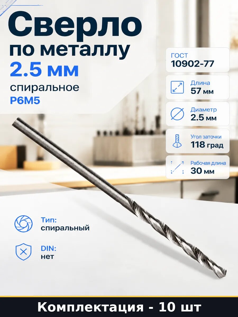 Сверло по металлу 2.5 мм спиральное набор 10 шт Р6М5