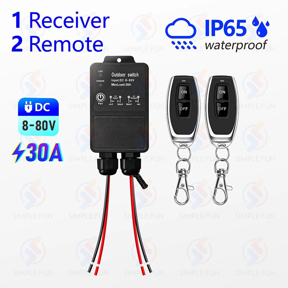 Беспроводной выключатель DC 8-80V 30A, 1 Receiver 2 Remote