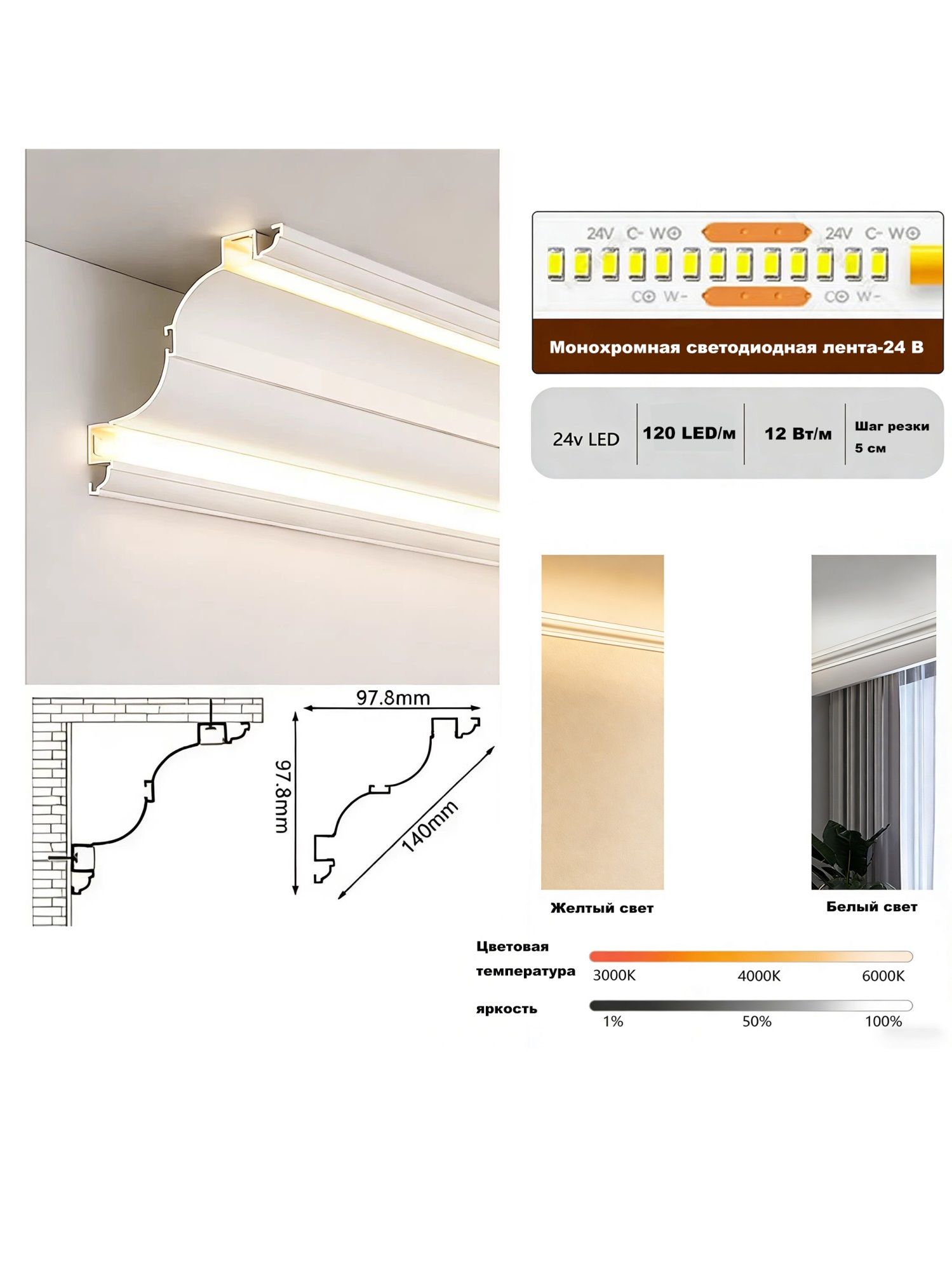 Алюминиевый карниз-профиль для LED-ленты с рассеивателем 5 шт, непрямая подсветка, для стен и потолка