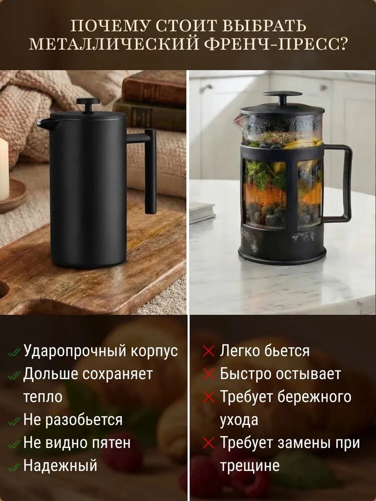 Френч‑пресс 600 мл, заварник для приготовления ароматного кофе, листового чая и трав — фото 1