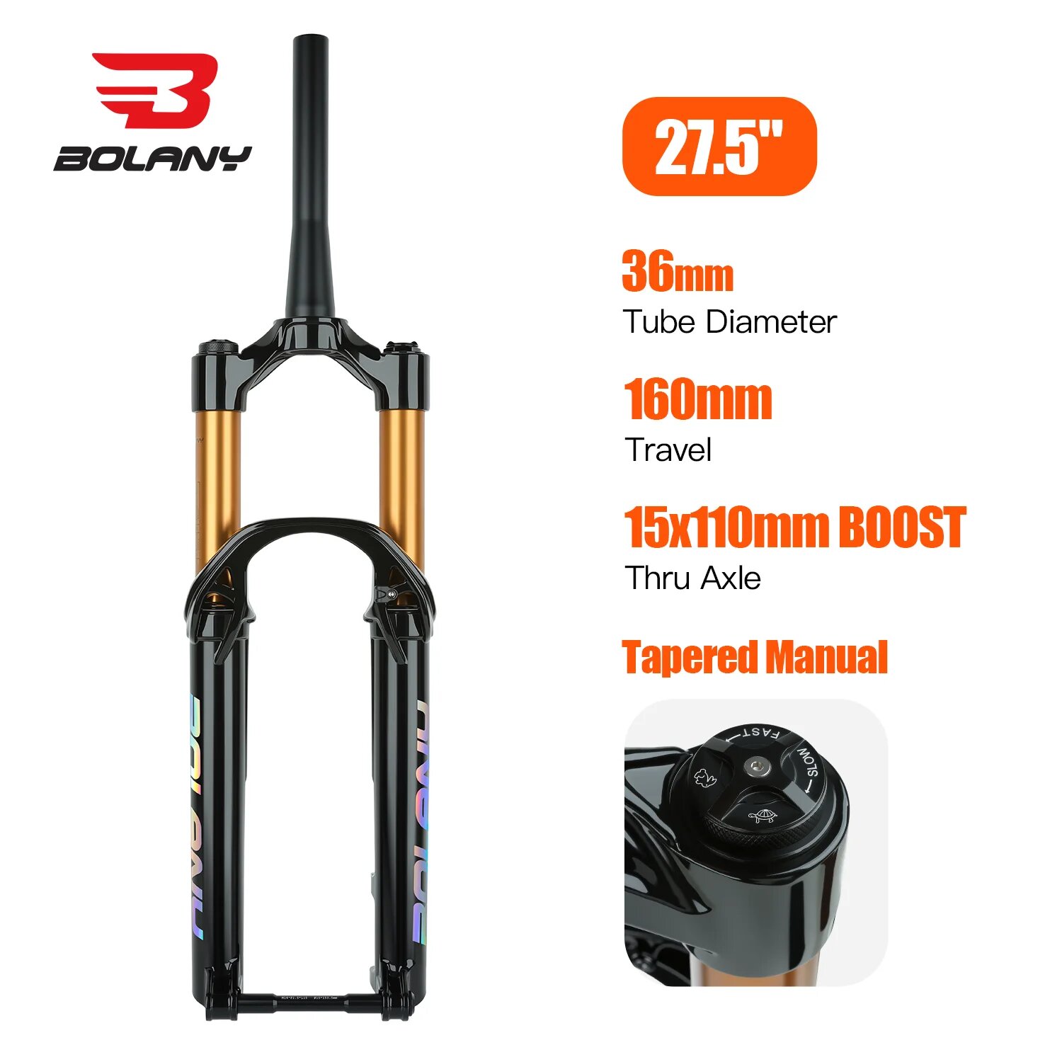 BOLANY 36 мм пневматическая вилка для MTB 160 мм черная/золотая 15x110 BOOST-27.5