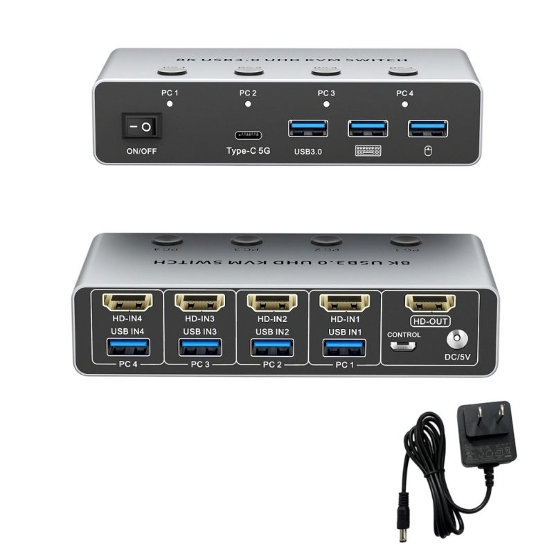 (1 шт.) KVM-переключатель 8K 4 входа 1 выход, HDMI, USB 3.0, американская вилка