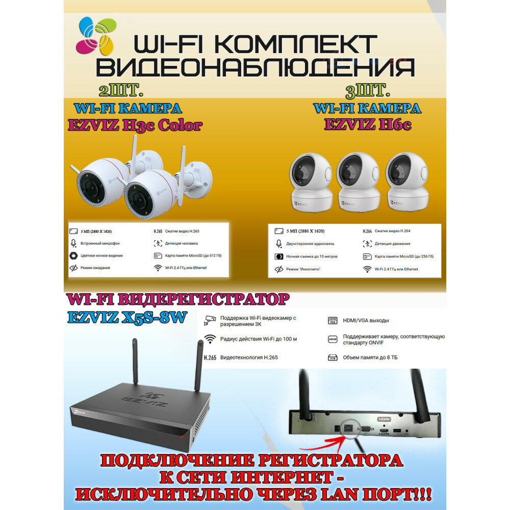 Wi-Fi Комплект видеонаблюдения EZVIZ на 5 камер видеонаблюдения - 5Мп 2880х1620P (CS-X5S-8W + 2хCS-H3c + 3хCS-H6c) 2.4 ГГц IP67, Двусторонняя аудиосвязь, ИК до 30м, угол 125гр Поворот до 340 гр