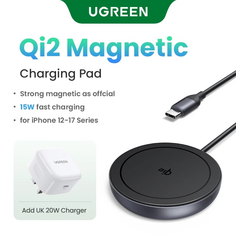 UGREEN Qi2 Магнитное зарядное устройство 15W для iPhone 12-17, Add UK Charger