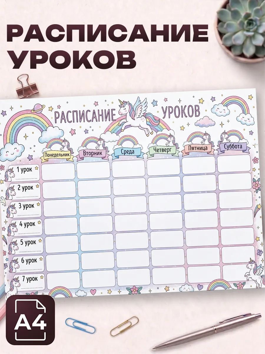 Расписание уроков для девочек с единорогами