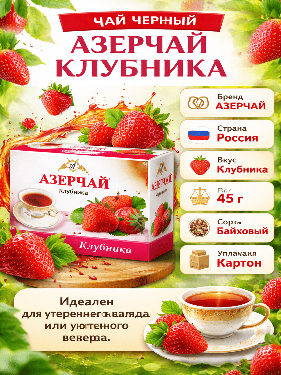 Чай черный Азерчай Клубника байховый (1.8г x 25шт), 45г