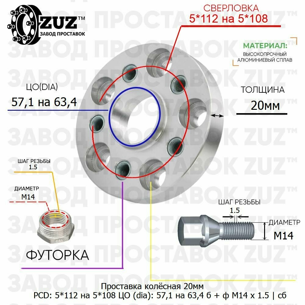 Проставка колёсная 1 шт 20мм 5*112 на 5*108 ЦО 57,1 на 63,4 Крепёж в комплекте Болт + Футорка М14*1,5 ступичная с бортиком переходная адаптер для дисков 1 шт на ступицу 5x112 на 5x108