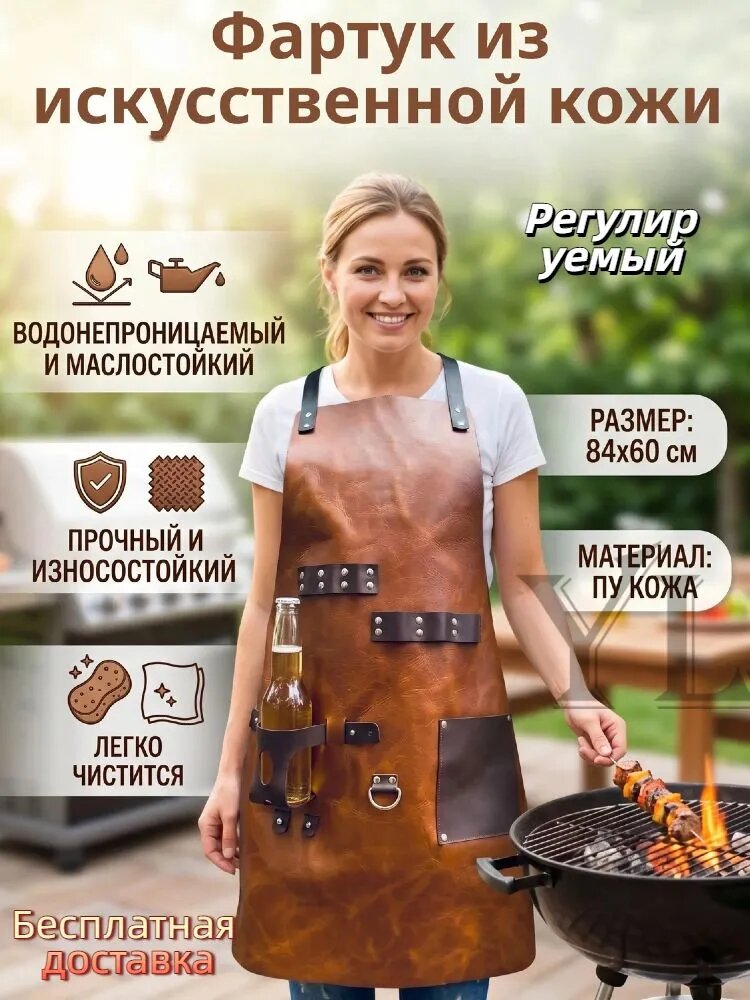 Водонепроницаемый фартук из экокожи с карманами, рабочий передник для барбекю, гриля и кухни, защита от масла