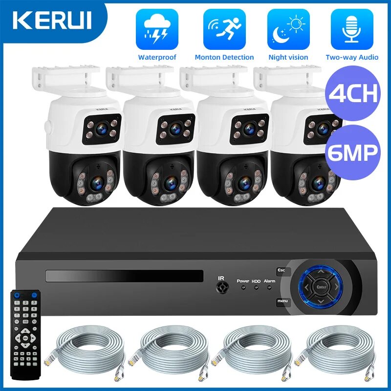 KERUI 6MP Full HD Двухлинзовая PTZ-камера 4-канальный POE NVR Набор систем безопасности для дома Камера наблюдения CCTV H.265 Дальний пульт управления