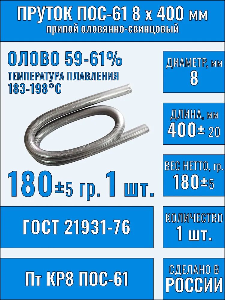 Припой для пайки ПОС 61 (олово 59-61%) пруток 8 мм, 180 гр. (без канифоли)
