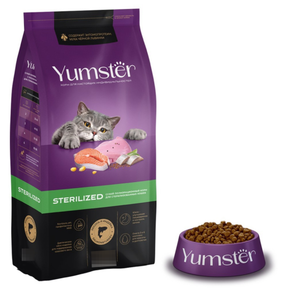 Корм для кошек сухой Yumster / Ямстер для взрослых стерилизованных животных, гранулы с лососем и индейкой, пакет 400г / зоотовары