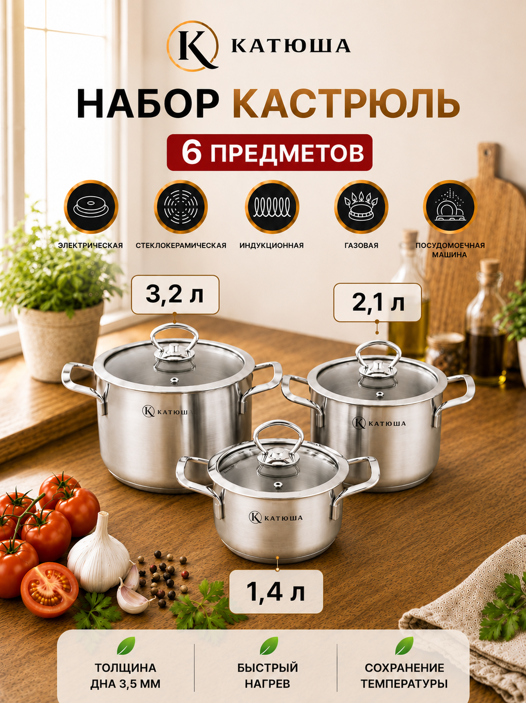 Набор кастрюль София, 6 предметов, стеклянные крышки, (1,4/2,1/3,2 литра), катюша