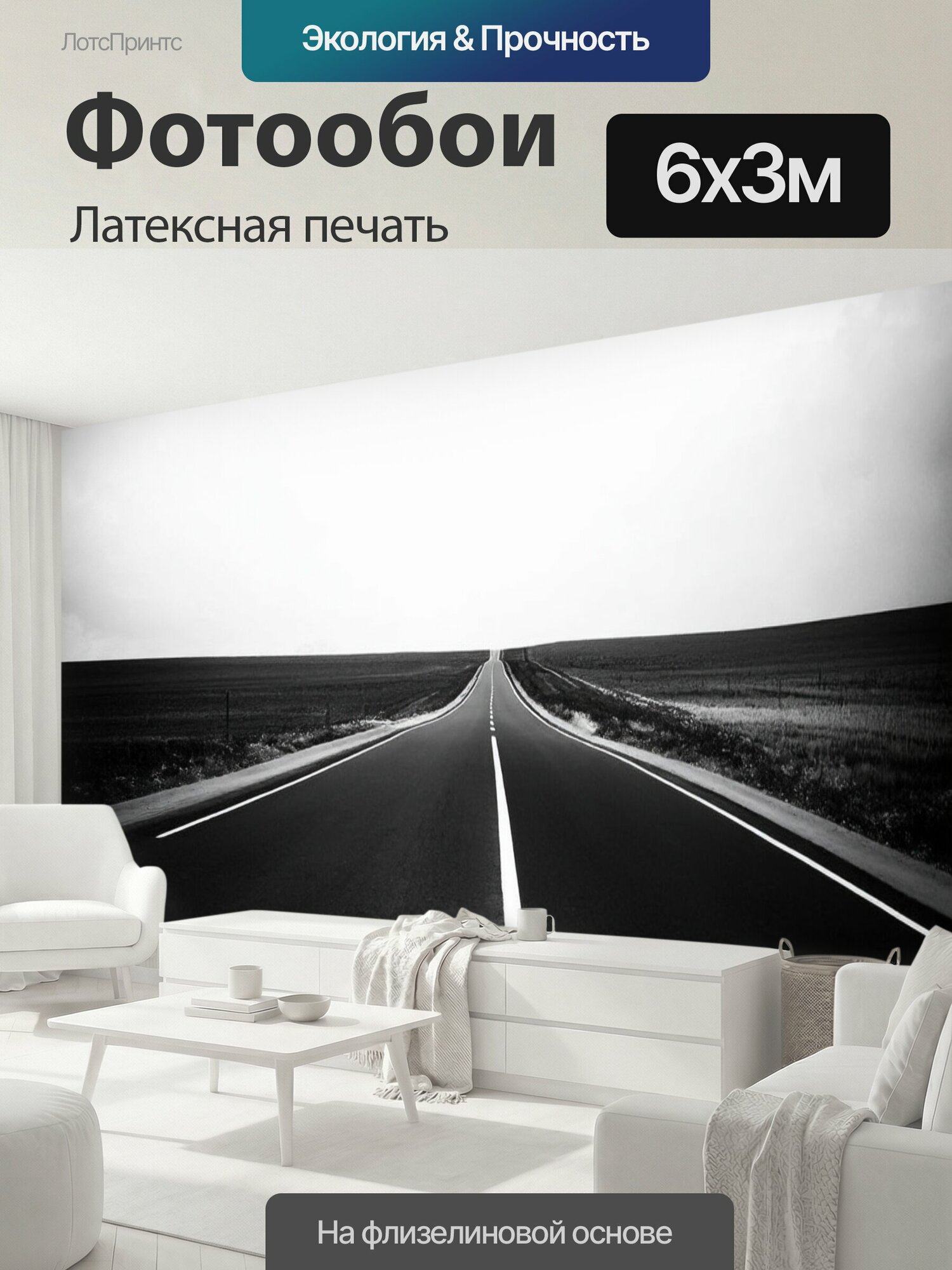 Фотообои моющиеся ударопрочные "Черно-белый с изображением дорог, ведущих в никуда, где линии теряются в равнине. это создает ощущение." 600x300 см. латексная печать