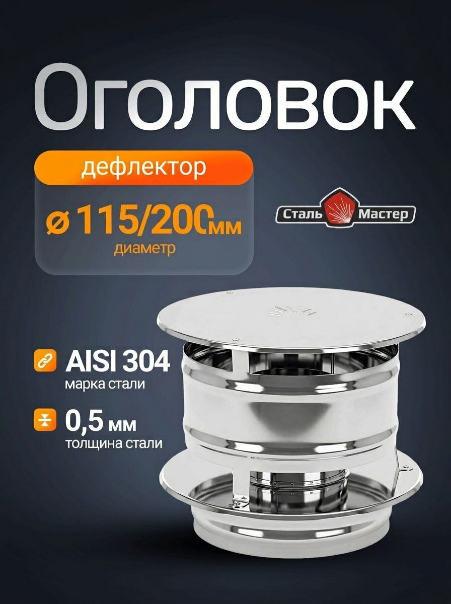 Оголовок дефлектор на сэндвич трубу дымохода 115 200 из нержавеющей стали AISI 304 0,5 мм