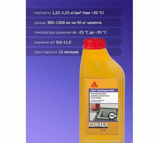 Противоморозная добавка для бетонов и растворов SIKA Antifreeze-300, канистра 1 л