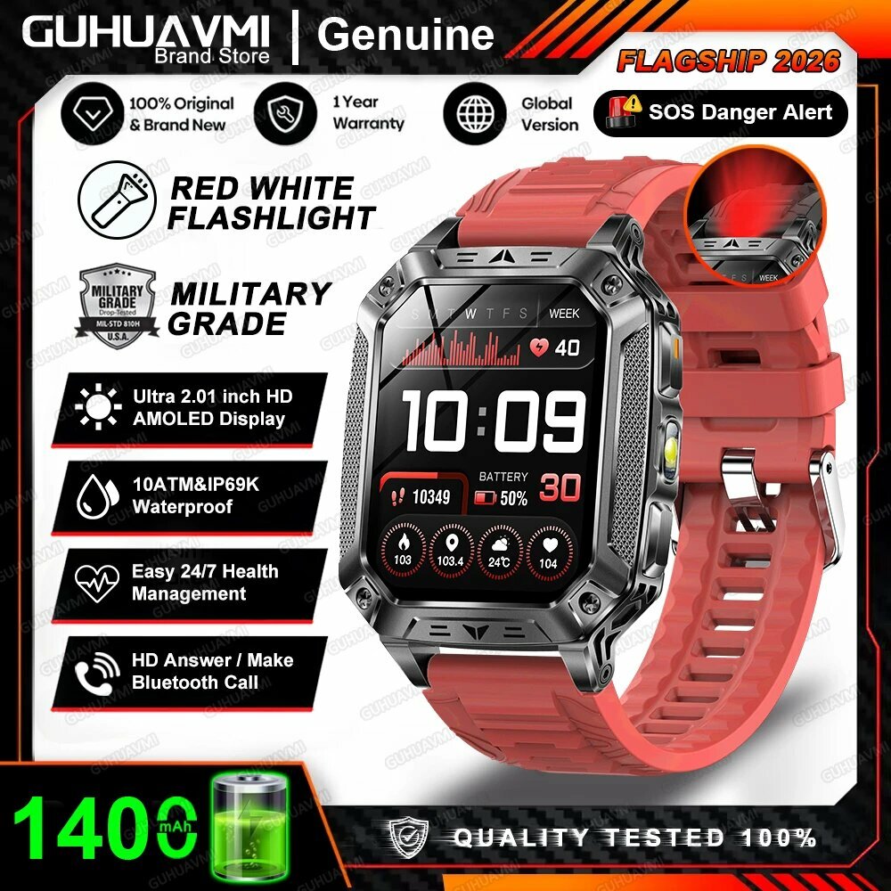 Военные умные часы Garmin 2026 GPS с аккумулятором 1400 мАч Красный, Red