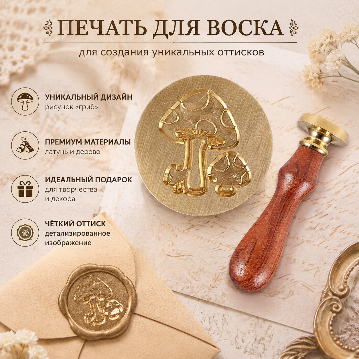 1 шт. набор из латунной сургучной печати и деревянной ручки для скрапбукинга, гриб, золотистый, 8,9 x 2,5 см
