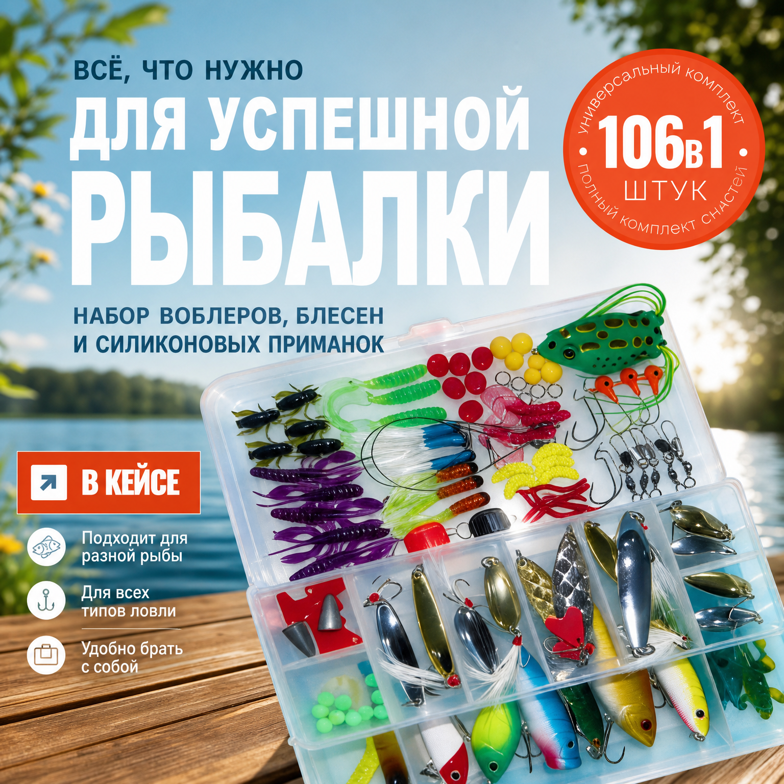 Универсальный набор рыболовных снастей 106 в 1: блесны, воблеры, силиконовые приманки и аксессуары