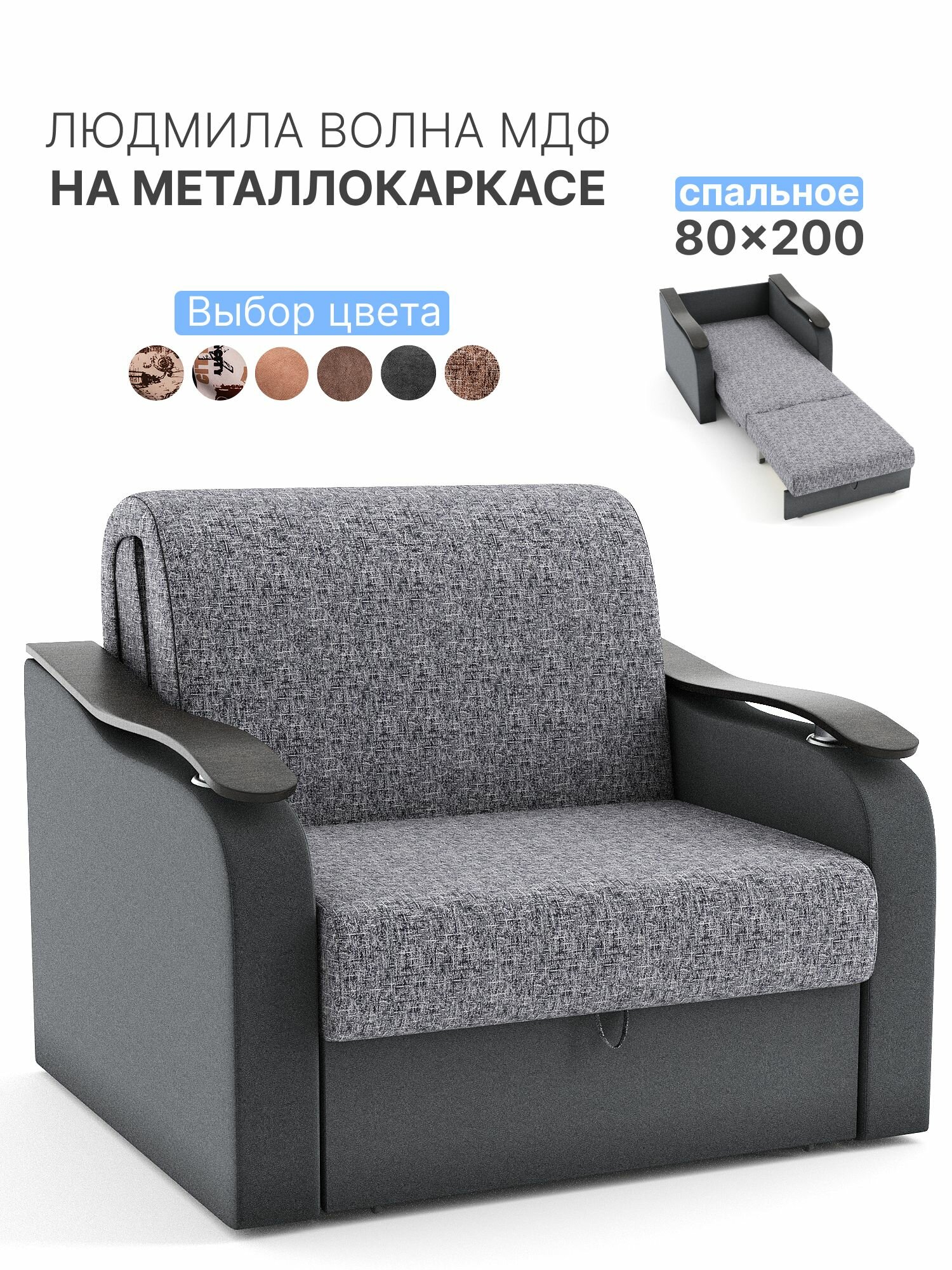 Кресло-кровать Людмила ДН 80 Волна аккордеон на металлокаркасе / флок 75-150