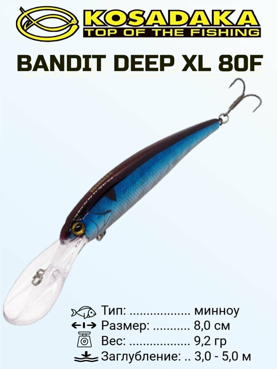 Воблер Kosadaka Bandit Deep XL 80F, плав. 80мм 9,2г 3-5м цв. BLU