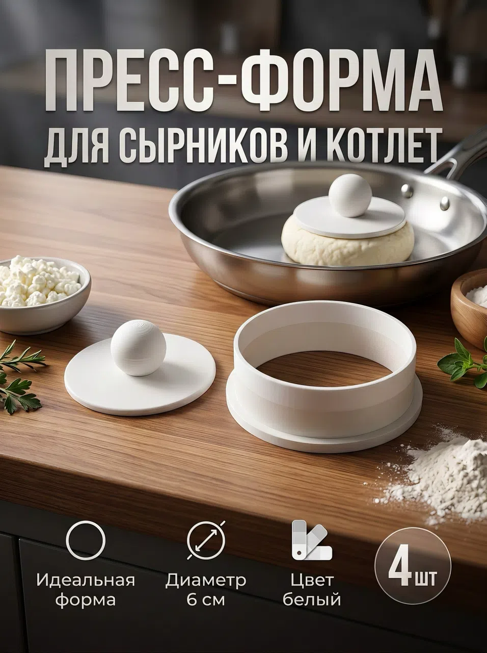 Пресс-форма для сырников и котлет 4 шт в наборе, 3d принтер, цвет чёрный