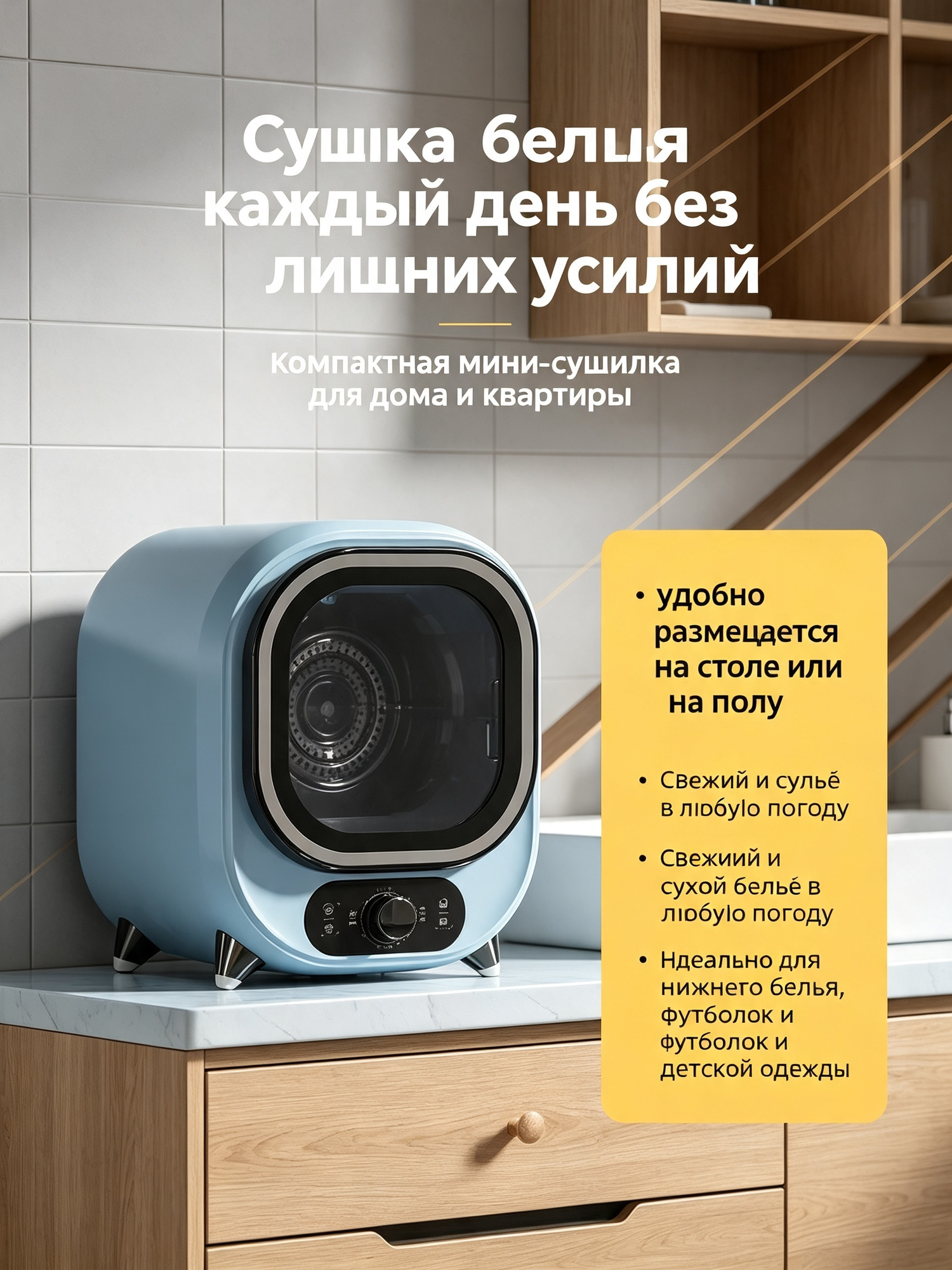 Малогабаритная умная барабанная сушильная машина для дома‑бесшумная, высокотемпературная дезинфекция。
