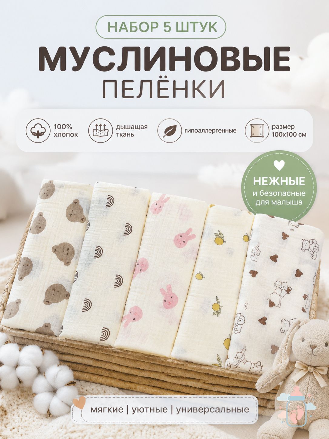 Пеленка для малышей, Муслин, Двойное марлевое банное полотенце,100*100 cm,5 шт