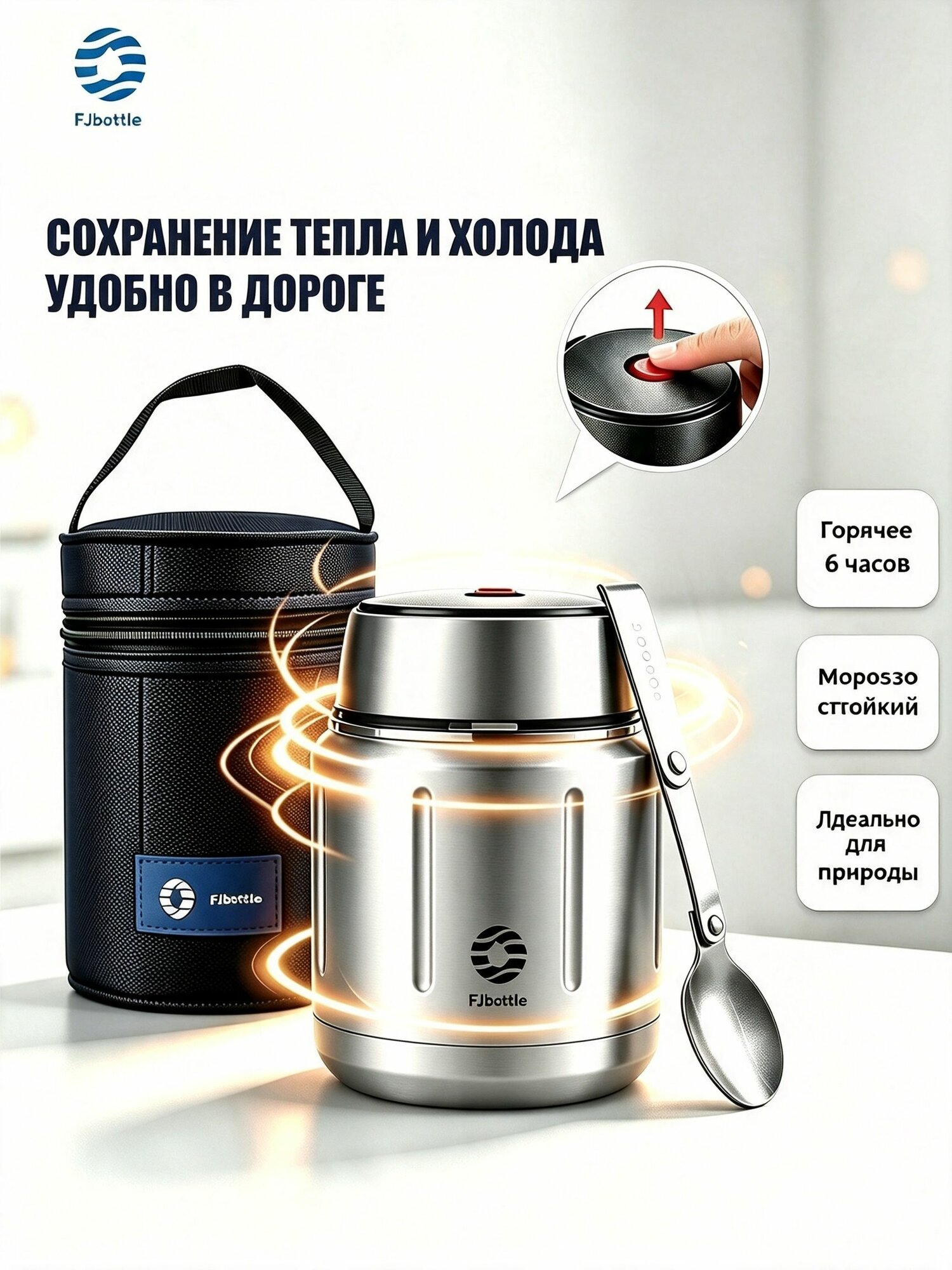 Термос для еды и супа с широким горлом и складной ложкой 500мл с термосумкой