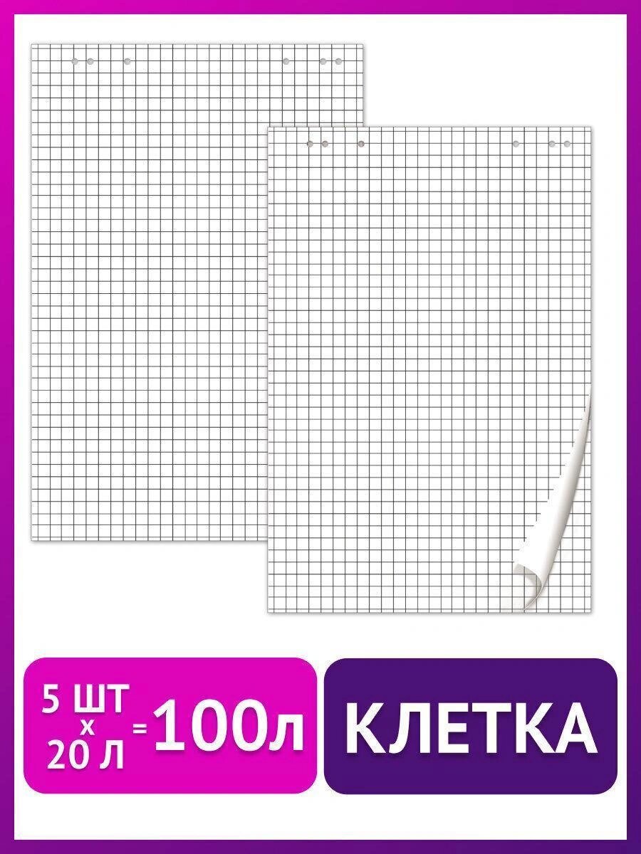 Блокноты для флипчарта плотные 80 г/м2, BRAUBERG, 67,5х98 см, комплект 5шт, 20 л, клетка, 124097