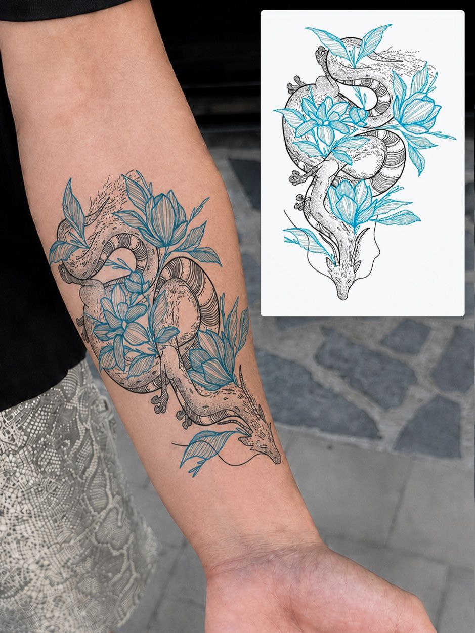 TATTS Переводные тату, Дракон в цветах 10*15см (для взрослых и детей)