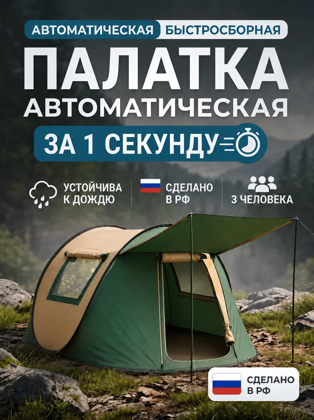 Палатка автоматическая быстросборная кемпинговая для похода и туризма