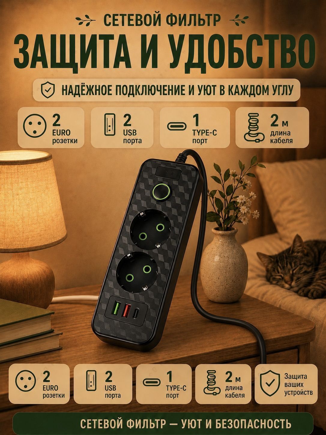Удлинитель бытовой, 2 розетки, сетевой фильтр, Type-C и USB, 2 метра