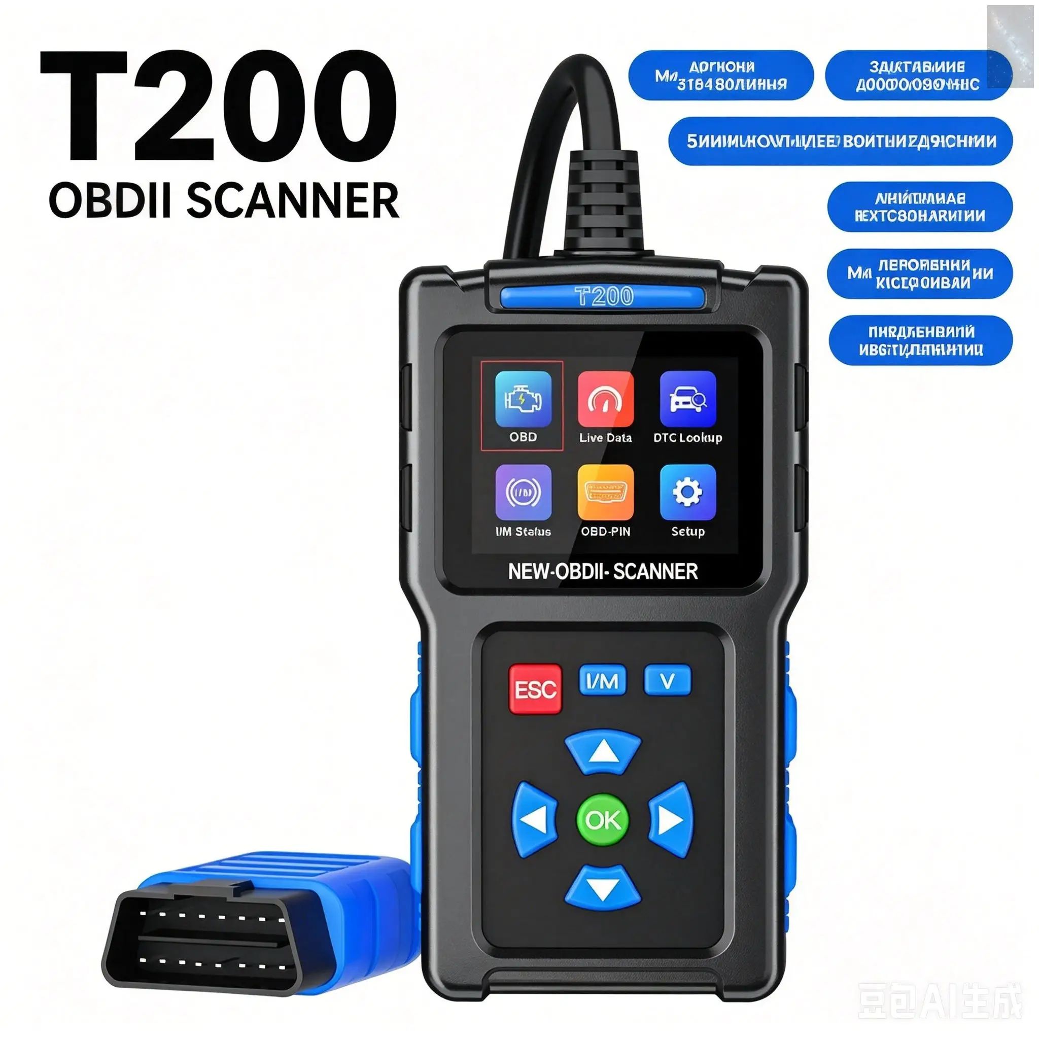 Автомобильный сканер T200 OBD2 включает диагностику двигателя с протоколом OBDII, которая используется для считывания кодов неисправностей и проверки аккумулятора