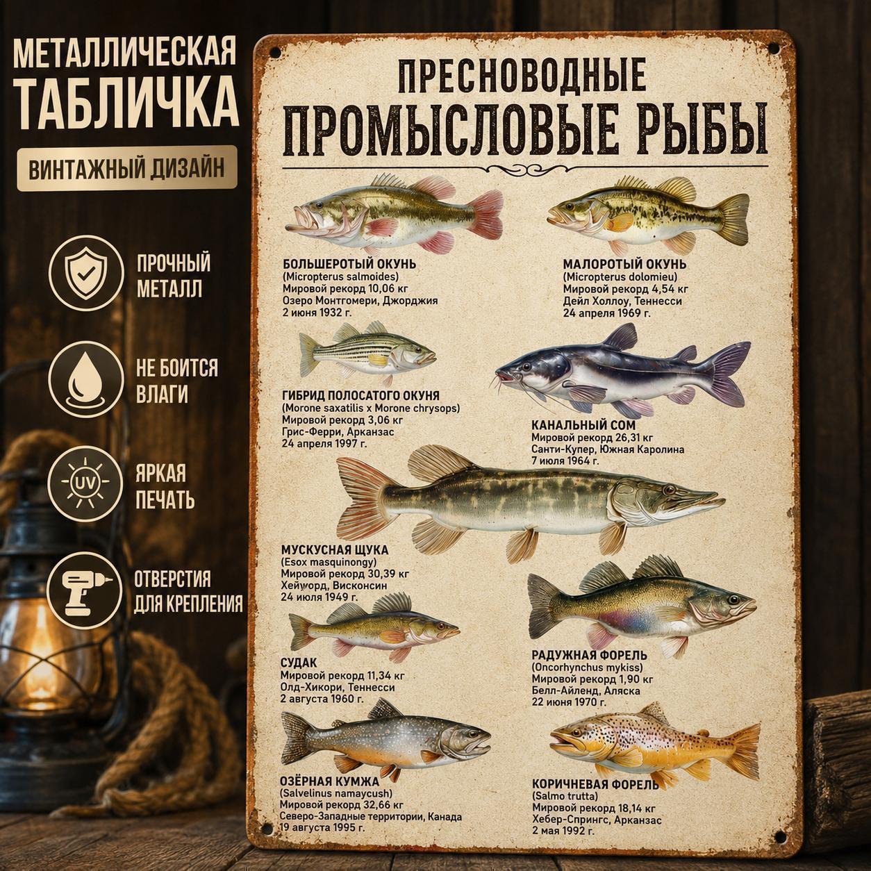 1 шт. Металлическая винтажная декоративная табличка «Пресноводные промысловые рыбы» с иллюстрациями и названиями видов, ретро постер для рыбалки, гаража, бара и домашнего декора
