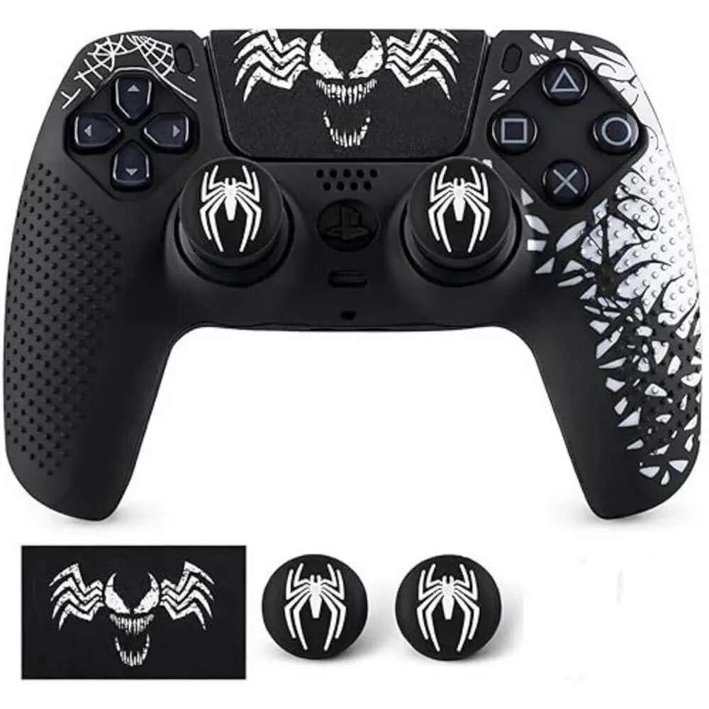 Силиконовый чехол для геймпада Sony DualSense Spider-Man (Чёрно-белый) + 2 накладки на стики Чёрно-белый