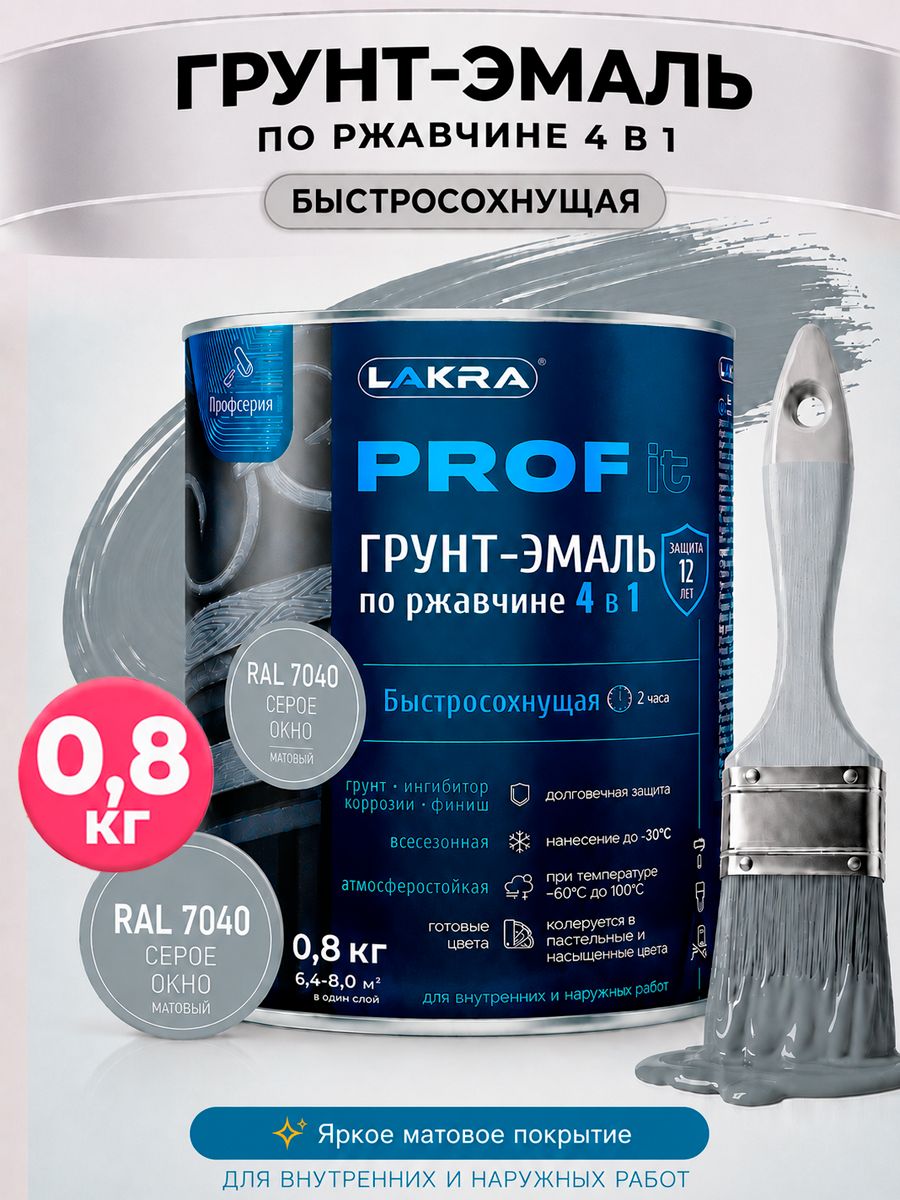 Краска по металлу и ржавчине грунт-эмаль 4в1 быстросохнущая PROF IT Серое окно, RAL 7040 лакра 0,8кг