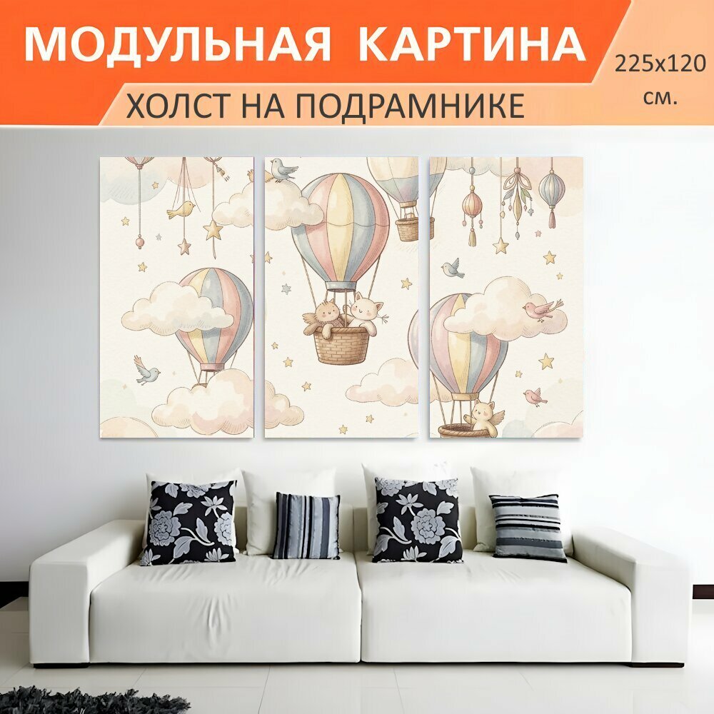 Модульная картина на холсте "Воздушные шары с облаками и птицами. Нежная детская иллюстрация в пастельных оттенках: небо с воздушными." триптих на подрамнике 225х120 см. для интерьера