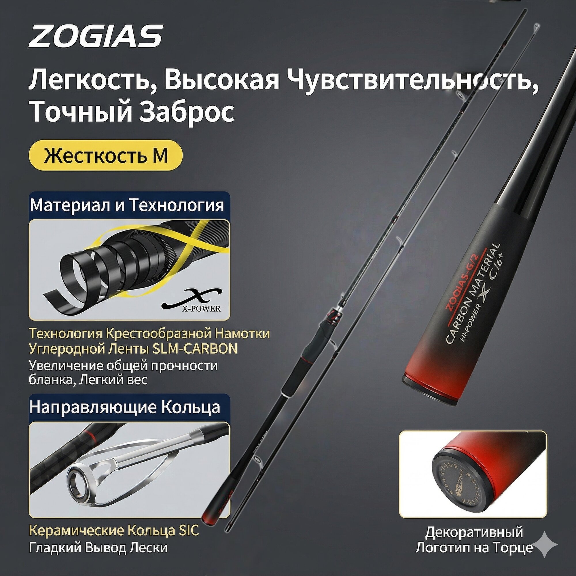 Спиннинг ZOOIAS M строй карбон дальний заброс 1.8-2.7м SIC кольца, чувствительный, для щуки окуня судака, штекер