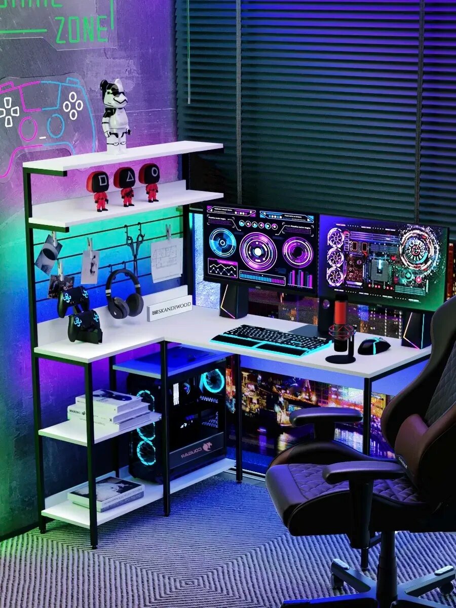 Стол игровой с полками угловой компьютерный письменный для школьника для геймера