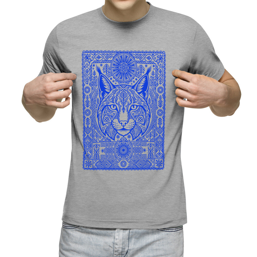 Мужская футболка «Русский узор-славянская рысь оберег» (серый меланж, 2XL)