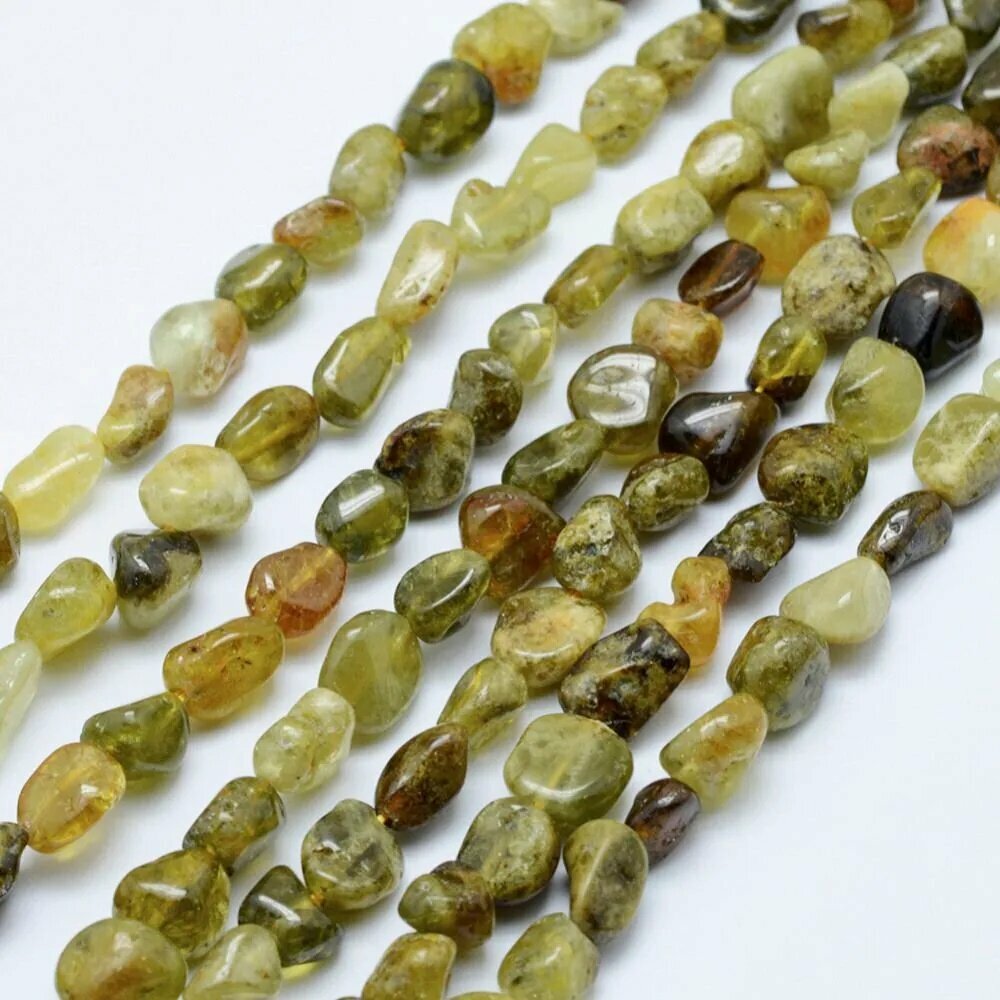 3 нити натуральных зеленых гранатовых бусин, нити андрадита, галтованные самородки камня 5x4 мм