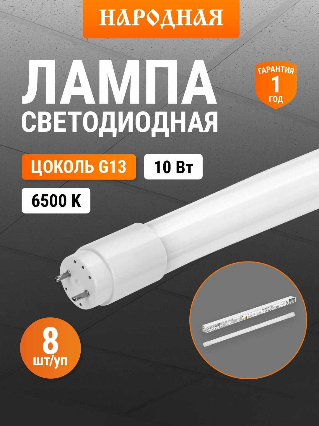 Лампа светодиодная НЛ-Т8-10 Вт-230 В-6500 К G13, 600 мм, матовая, стекло, серия "Народная" в упаковке 8 штук TDM Electric